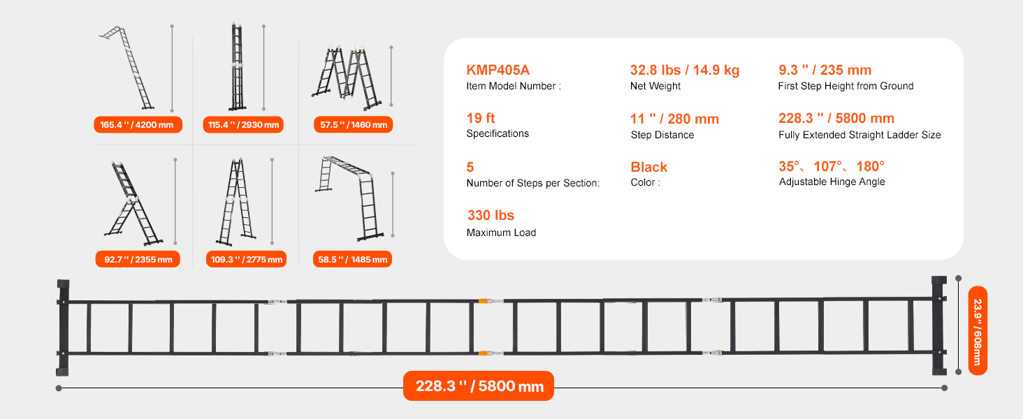 VEVOR Multi-Purpose Folding Ladder 7-in-1 5 Step 19ft Reach Height for ...