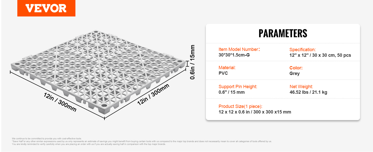 VEVOR Tiles Interlocking 50 PCS Gray, Drainage Tiles 12x12x0.5 Inches ...