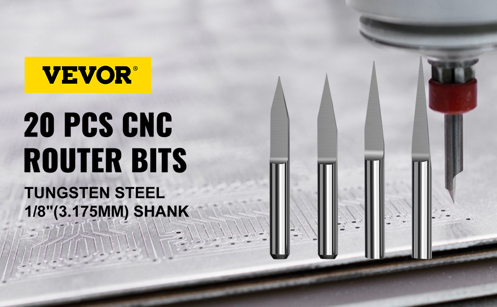 VEVOR 20PCs CNC Bits 1/8"(3.175mm) Shank CNC Router End Mill 0.1mm Tip ...