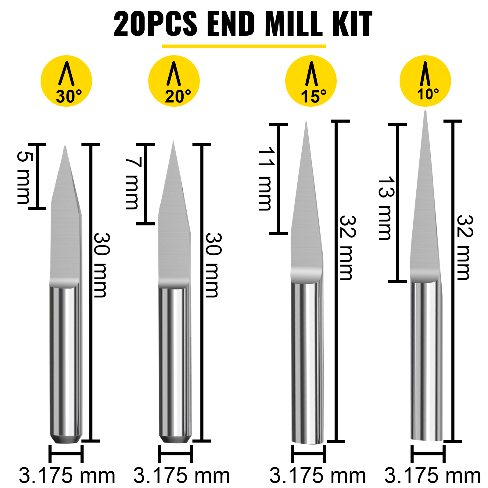 VEVOR 20PCs CNC Bits 1/8"(3.175mm) Shank CNC Router End Mill 0.1mm Tip ...