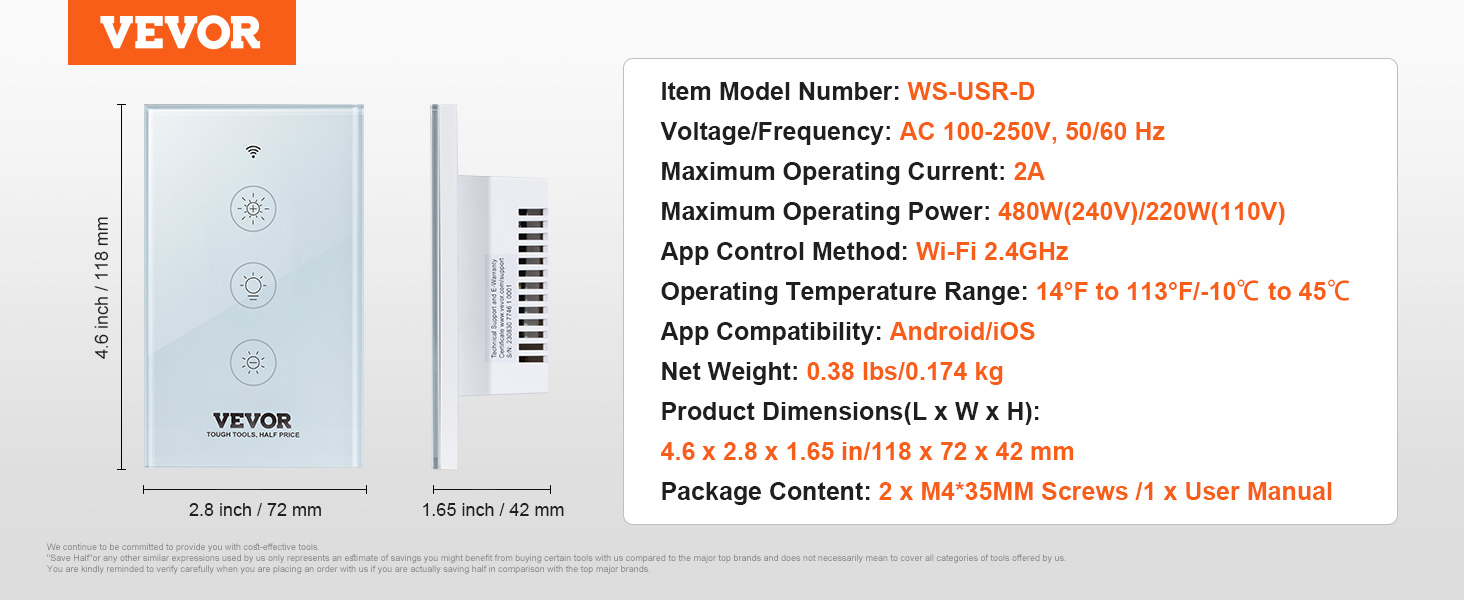 VEVOR WiFi Smart Light Dimmer Switch, 100-250V AC Wi-Fi 2.4GHz, 15% to ...
