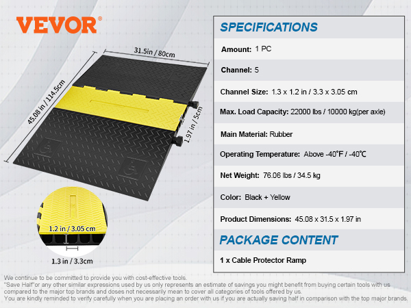 VEVOR Rubber Cable Protector Ramp, 5 Channel, 10000 kg/axle Capacity ...