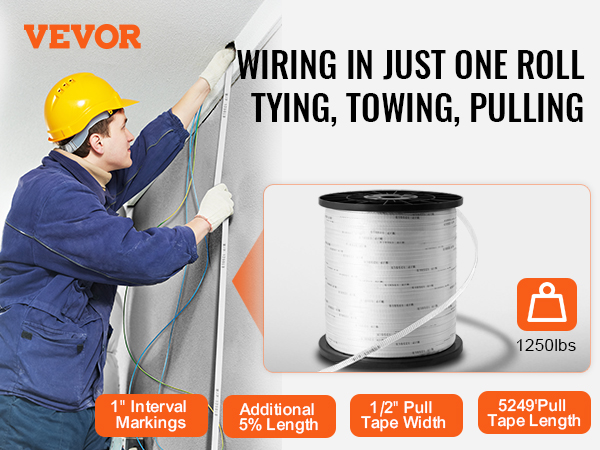 VEVOR Polyester Pull Tape, 1/2" x 5249' Mule Tape Flat Rope, 1250 lbf ...