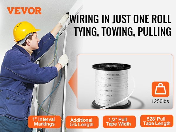 VEVOR Polyester Pull Tape, 1/2" x 528' Mule Tape Flat Rope, 1250 lbf ...