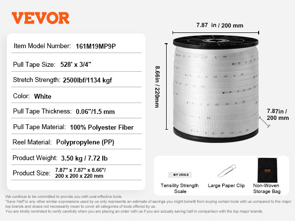 VEVOR Polyester Pull Tape, 3/4" x 528' Mule Tape Flat Rope, 2500 lbf ...