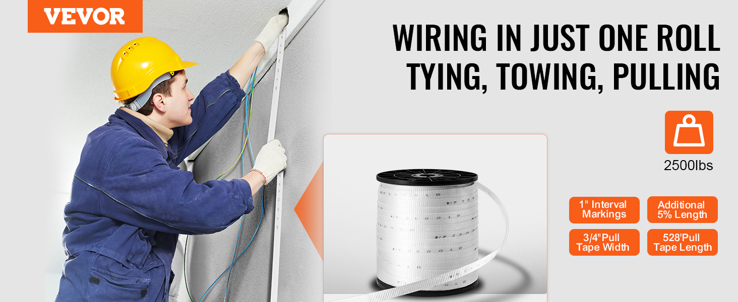 VEVOR Polyester Pull Tape, 3/4" x 528' Mule Tape Flat Rope, 2500 lbf ...