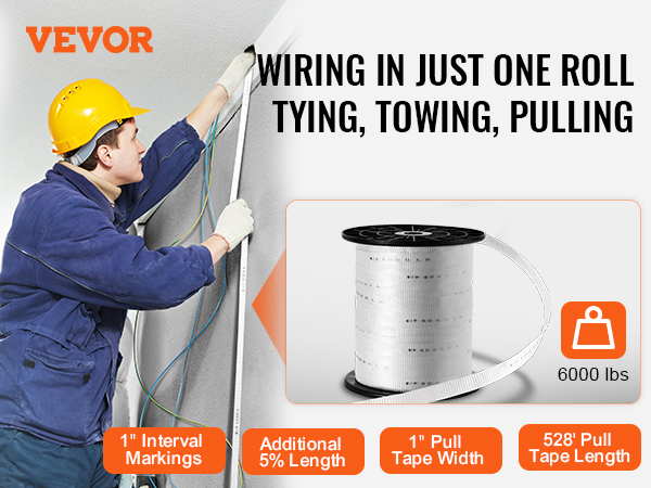 VEVOR Polyester Pull Tape, 1" x 528' Mule Tape Flat Rope, 6000 lbf Tensile Capacity, Printed ...