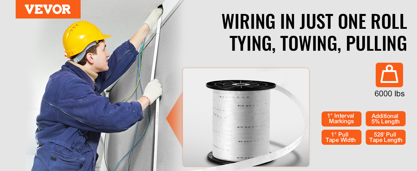 VEVOR Polyester Pull Tape, 1" x 528' Mule Tape Flat Rope, 6000 lbf ...