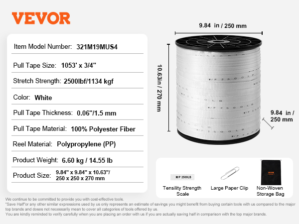 VEVOR Polyester Pull Tape, 3/4" x 1053' Mule Tape Flat Rope, 2500 lbf ...