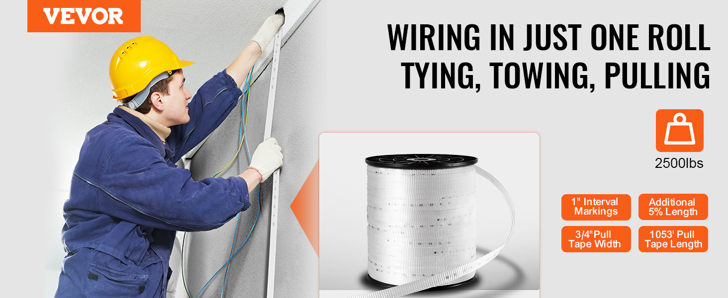 VEVOR Polyester Pull Tape, 3/4" x 1053' Mule Tape Flat Rope, 2500 lbf ...