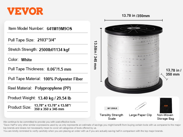VEVOR Polyester Pull Tape, 3/4" x 2103' Mule Tape Flat Rope, 2500 lbf ...