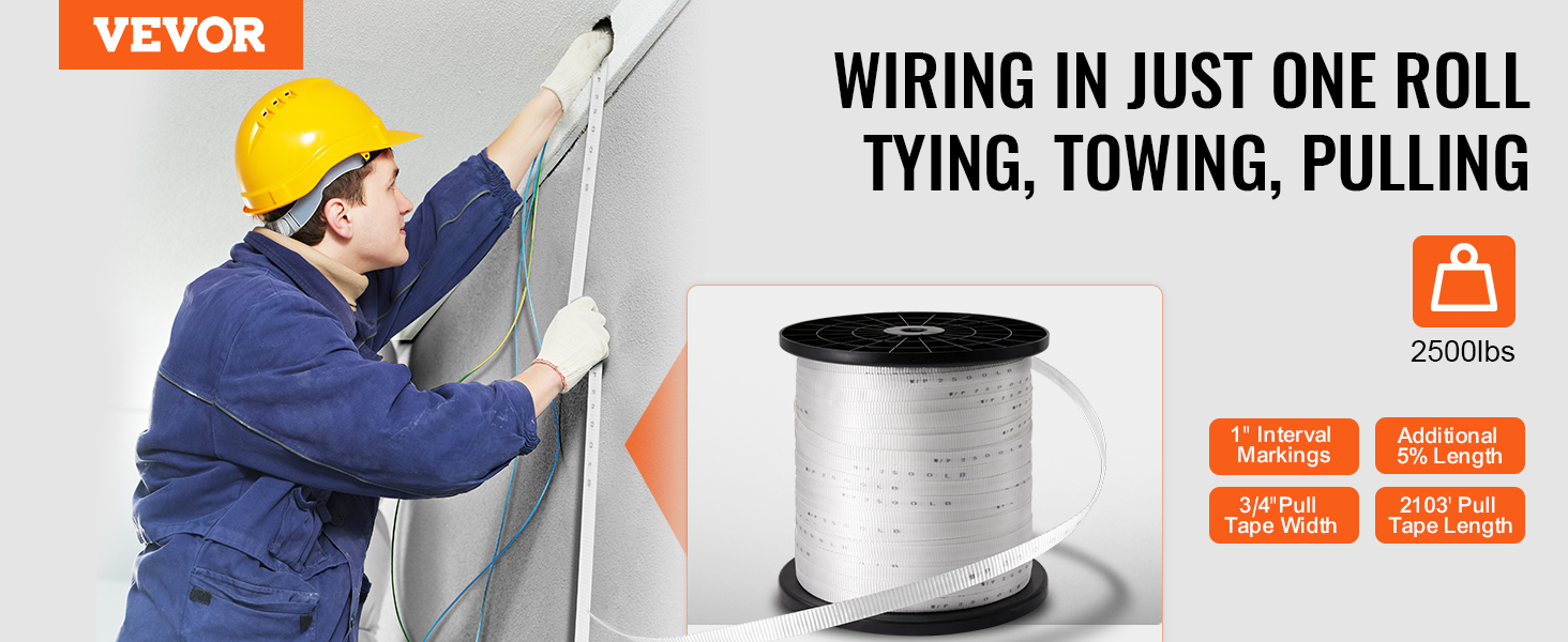 VEVOR Polyester Pull Tape, 3/4" x 2103' Mule Tape Flat Rope, 2500 lbf ...