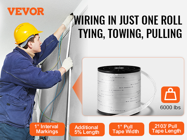 VEVOR Polyester Pull Tape, 1" x 2103' Mule Tape Flat Rope, 6000 lbf ...