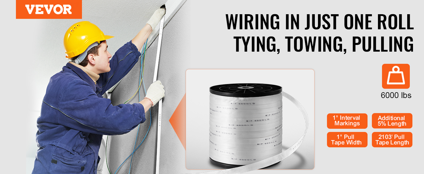 VEVOR Polyester Pull Tape, 1" x 2103' Mule Tape Flat Rope, 6000 lbf ...