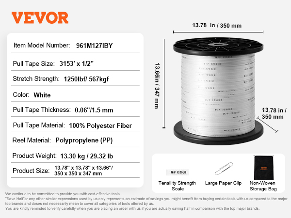 VEVOR Polyester Pull Tape, 1/2" x 3153' Mule Tape Flat Rope, 1250 lbf ...