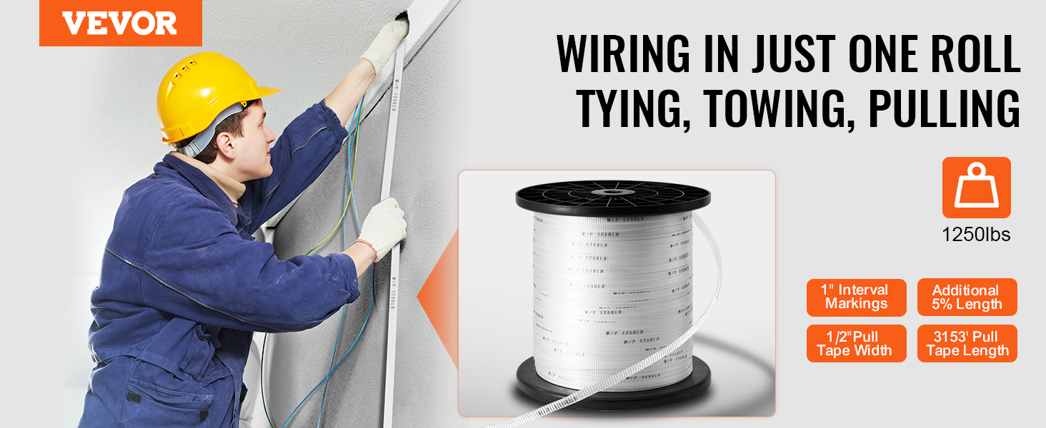 VEVOR Polyester Pull Tape, 1/2" x 3153' Mule Tape Flat Rope, 1250 lbf ...