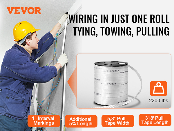 VEVOR Polyester Pull Tape, 5/8" x 318' Mule Tape Flat Rope, 2200 lbf ...