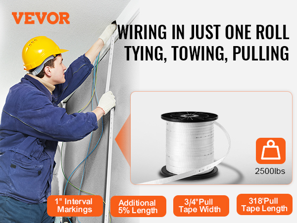 VEVOR Polyester Pull Tape, 3/4" x 318' Mule Tape Flat Rope, 2500 lbf ...