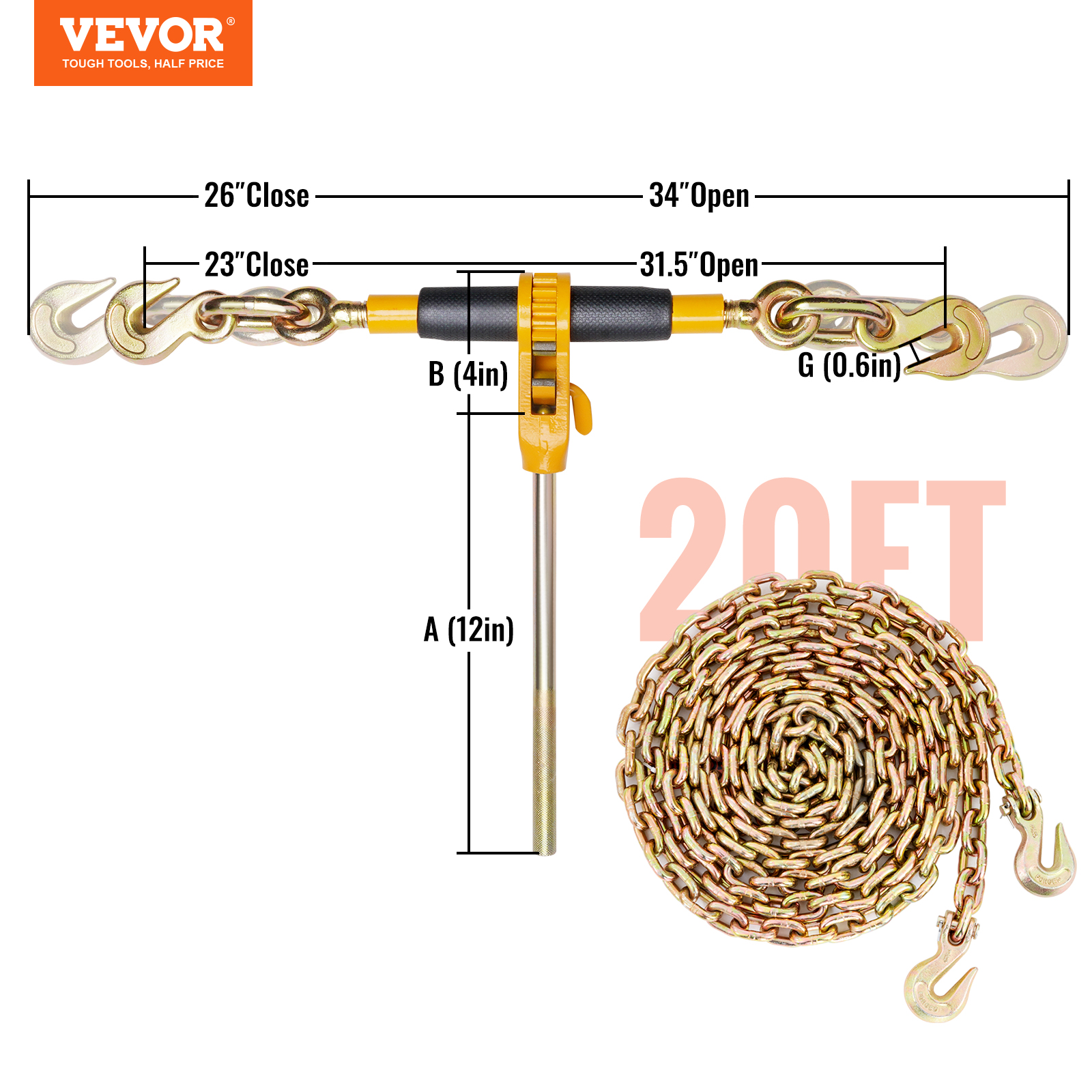 VEVOR Ratchet Chain Binder 5/16"-3/8"/3/8"-1/2" Load Binders G80 Chains ...