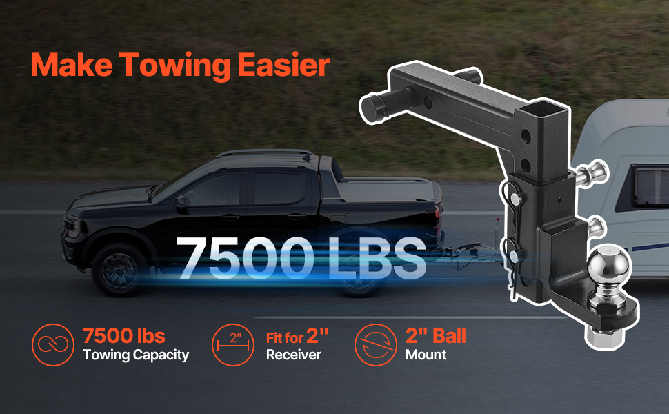 Adjustable Trailer Hitch 2" Receiver 9" Drop Ball Mount Hitch 7500 lbs ...
