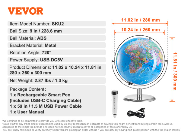 VEVOR Talking World Globe, 9 in/228.6 mm, Interactive Globe for Kids ...
