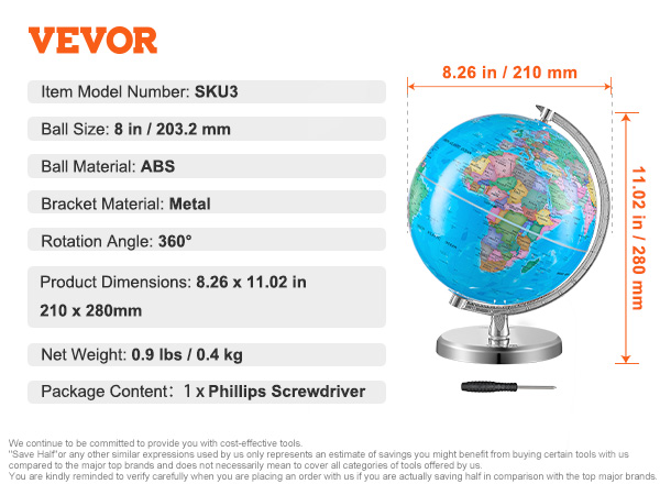 VEVOR Rotating World Globe with Stand, 203.2 mm, Educational Geographic ... VEVOR Rotating World Globe with Stand, 203.2 mm, Educational Geographic ...