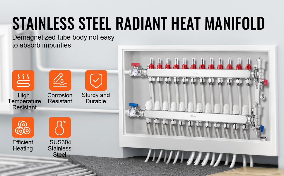 VEVOR 12-Branch Radiant Heat Manifold 1/2" PEX Tubing Floor Heating ...