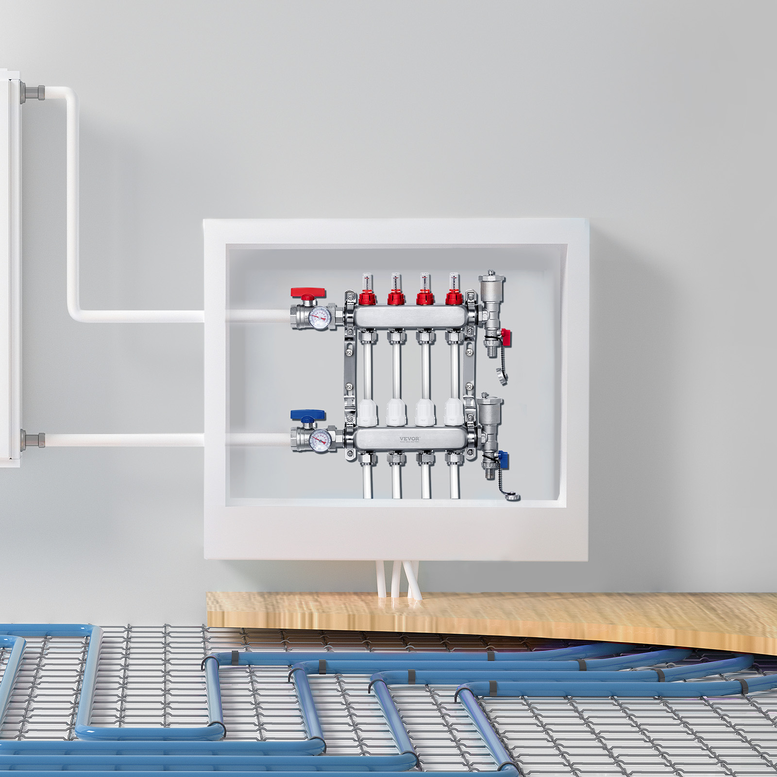 VEVOR 4-Branch Radiant Heat Manifold 1/2" PEX Tubing Floor Heating ...