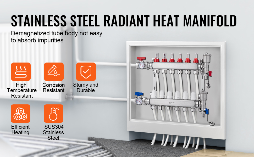 VEVOR 6-Branch Radiant Heat Manifold 1/2" PEX Tubing Floor Heating ...