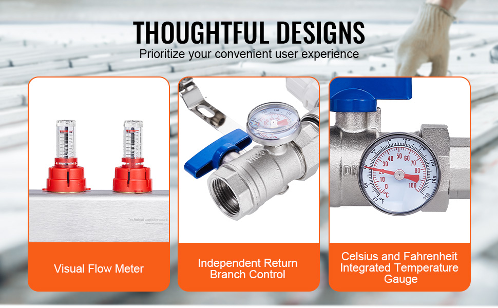 VEVOR 6-Branch Radiant Heat Manifold 1/2" PEX Tubing Floor Heating ...