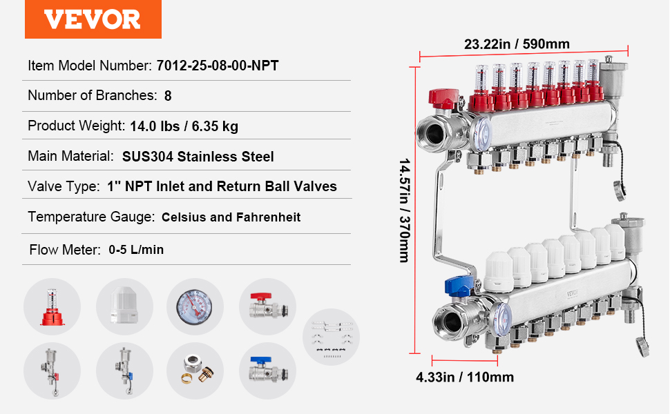 VEVOR 8-Branch Radiant Heat Manifold 1/2" PEX Tubing Floor Heating ...