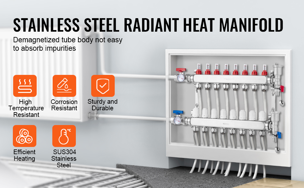 VEVOR 8-Branch Radiant Heat Manifold 1/2" PEX Tubing Floor Heating ...