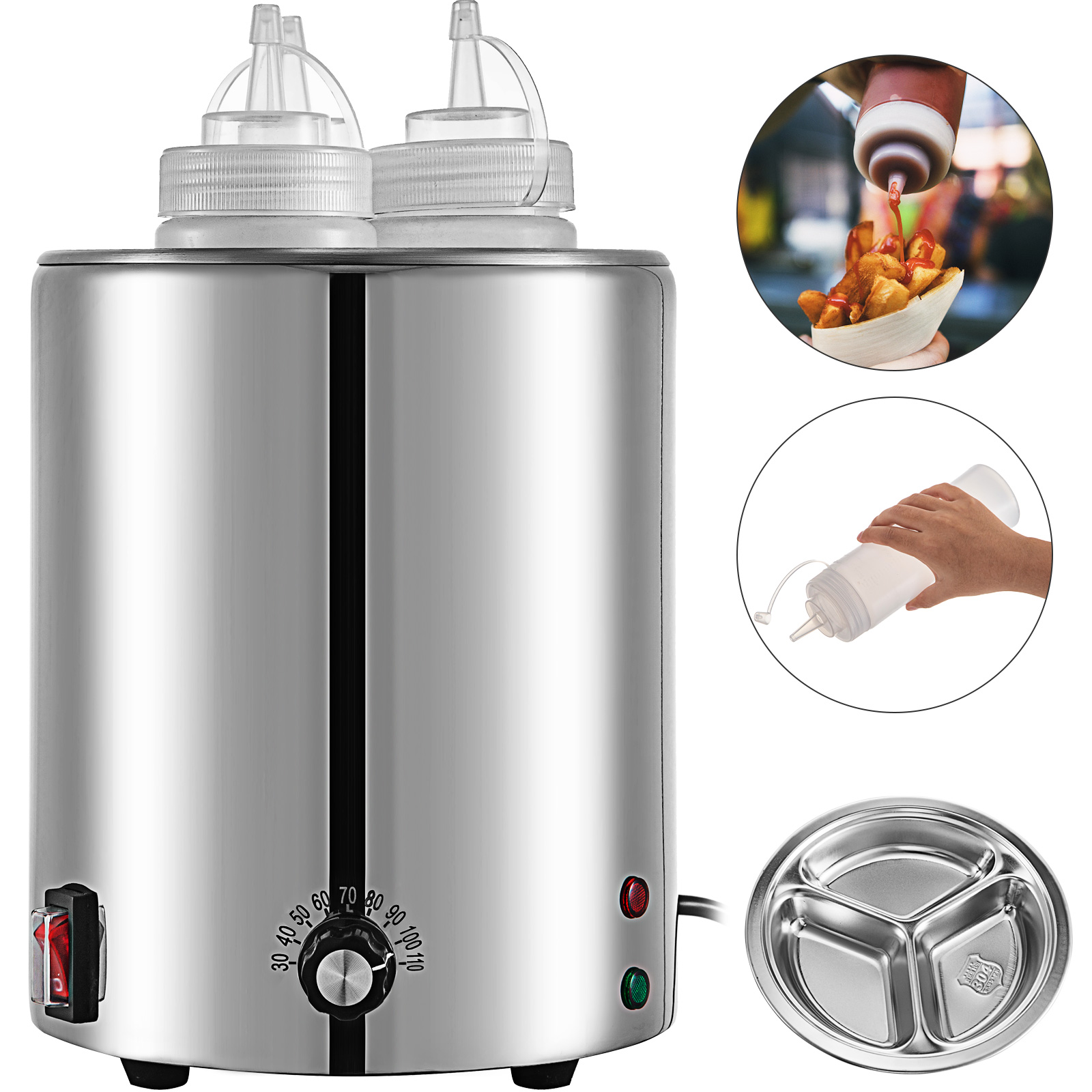 VEVOR Hot Fudge Warmer Hot Fudge Dispenser with Three 0.5 QT Squeeze ...