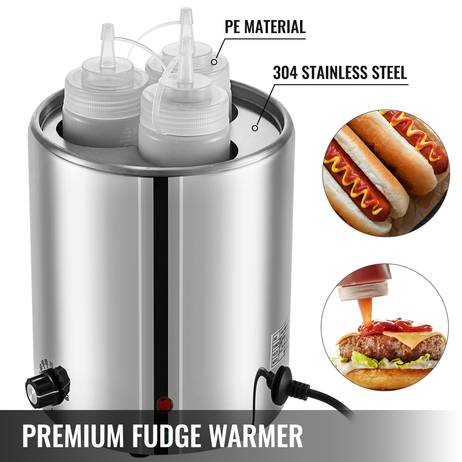 VEVOR Hot Fudge Warmer Hot Fudge Dispenser with Three 0.5 QT Squeeze ...