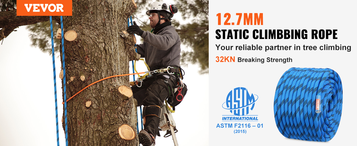 VEVOR 12,7mm Static Climbing Rope 60,9M(200ft) Outdoor Rock Climbing ...