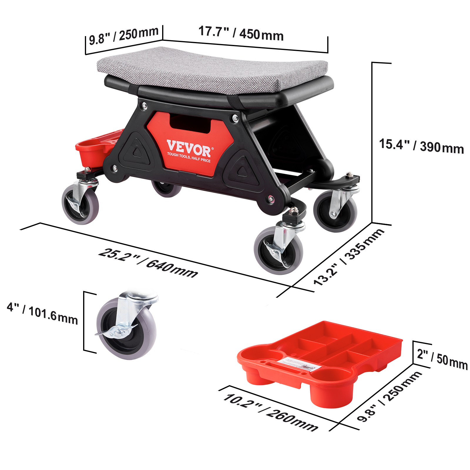 VEVOR Mechanics Stool, 300 LBS Capacity Rolling Mechanic Seat with 4 ...