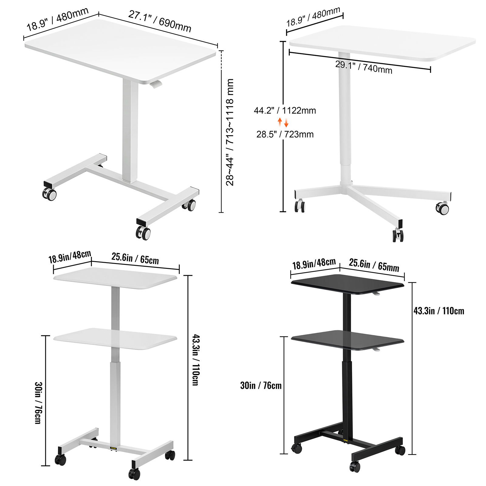 VEVOR Mobile Standing Desk Adjustable Mobile Laptop Desk Rolling ...