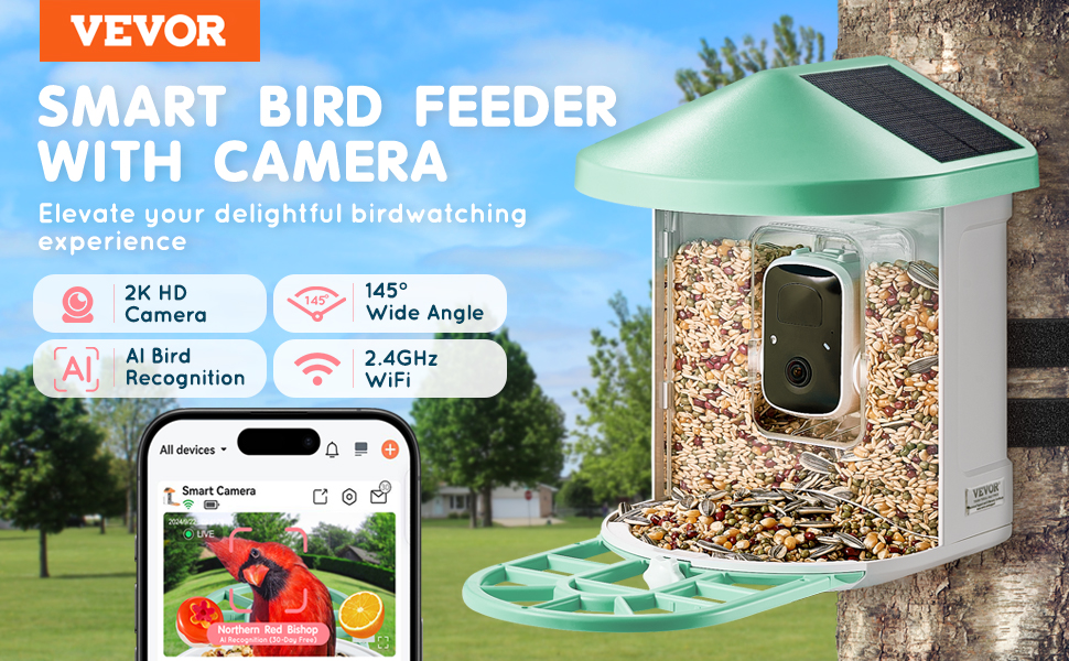 VEVOR Smart Bird Feeder with Camera 2K HD AI Identify Bird Species ...