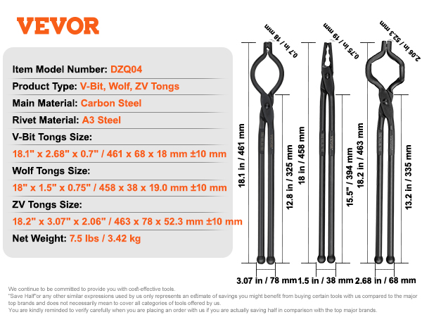 VEVOR Blacksmith Tongs, 18” 3 PCS, V-Bit Bolt Tongs, Wolf Jaw Tongs and ...