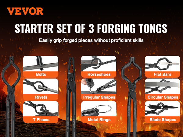 VEVOR Blacksmith Tongs, 18” 3 PCS, V-Bit Bolt Tongs, Wolf Jaw Tongs and ...