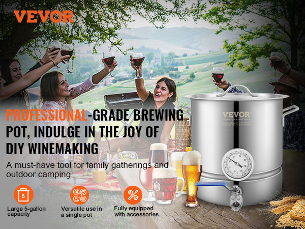 VEVOR Stainless Steel Kettle, 5 GALLON Brewing Pot, Tri Ply Bottom for ...