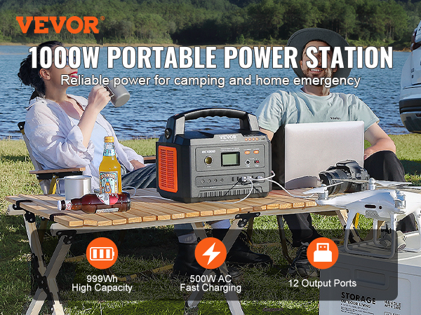 VEVOR Portable Power Station Solar Generator 999Wh 1000W with 12 ...