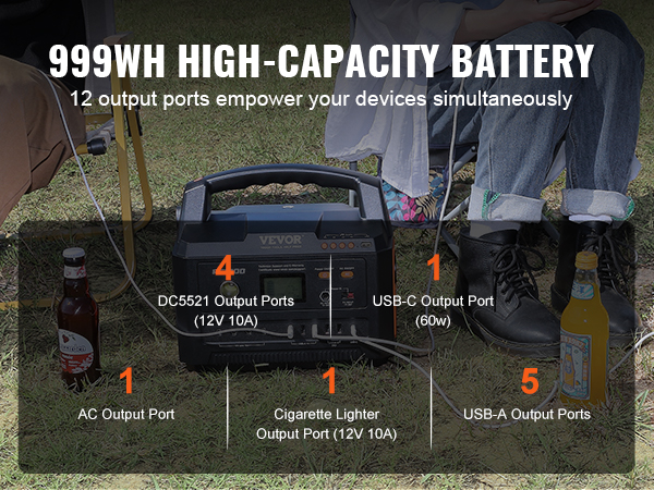 VEVOR Portable Power Station Solar Generator 999Wh 1000W with 12 ...