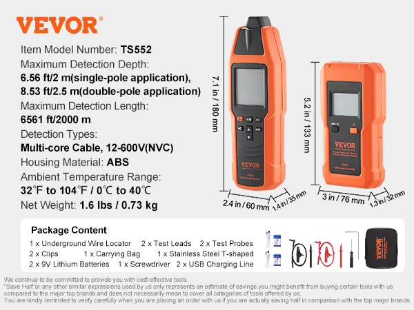 VEVOR Underground Cable Locator, 3 FT Max. Detection Depth, 12 to 600V ...