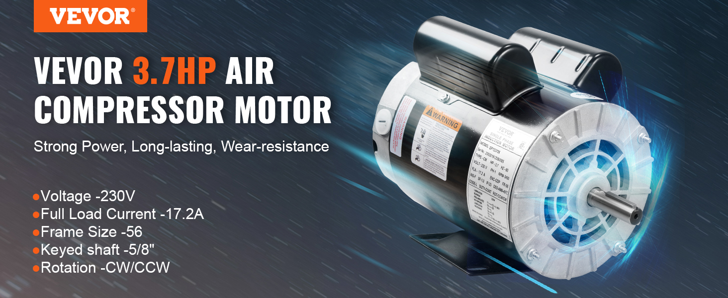 VEVOR 3.7HP Air Compressor Motor, 230V 17.2 Amps Electric Motor ...