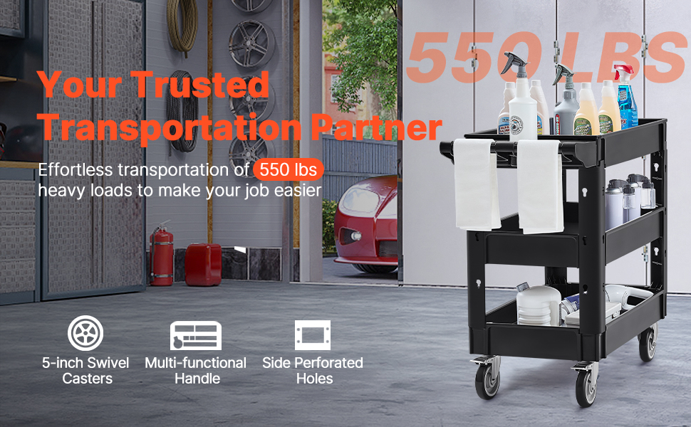 VEVOR Utility Service Cart 3 Shelf 550LBS 360° Swivel Wheels (2 with ...
