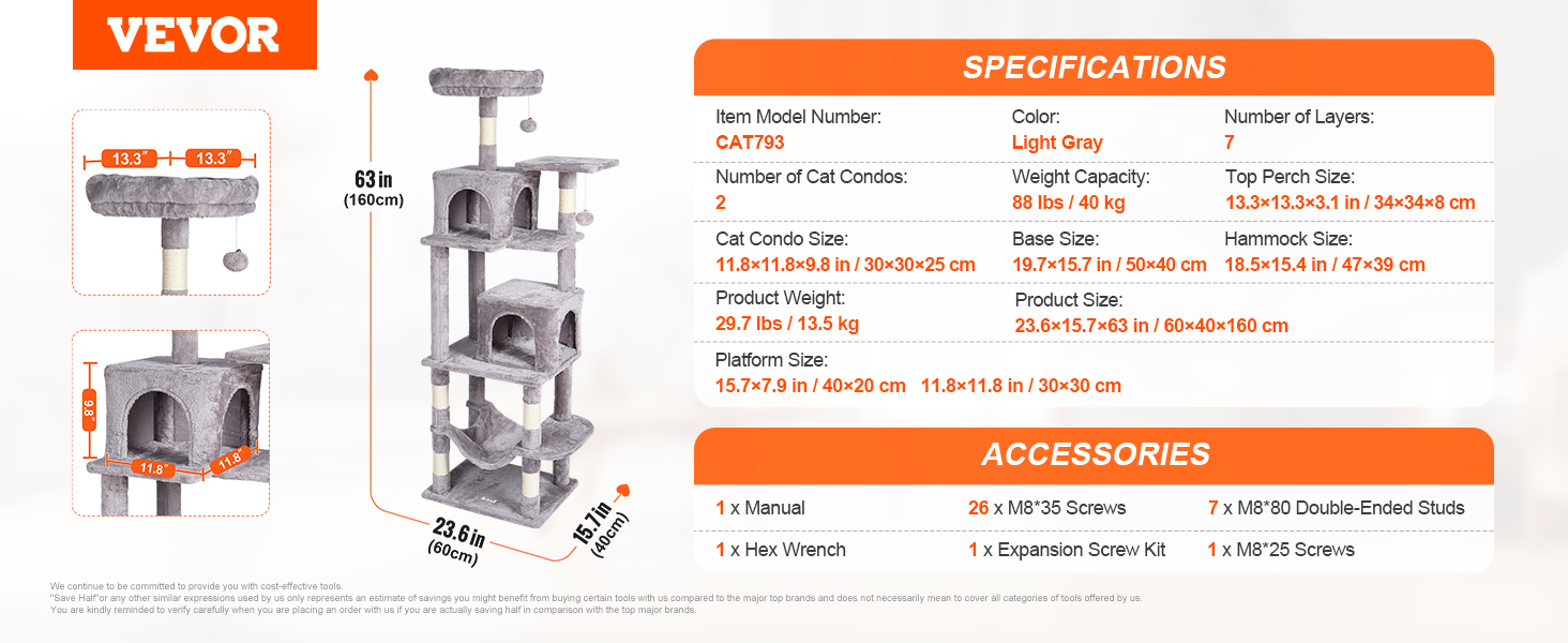 VEVOR Cat Tree 160 cm Cat Tower with 2 Cat Condos Scratching Post Light ...