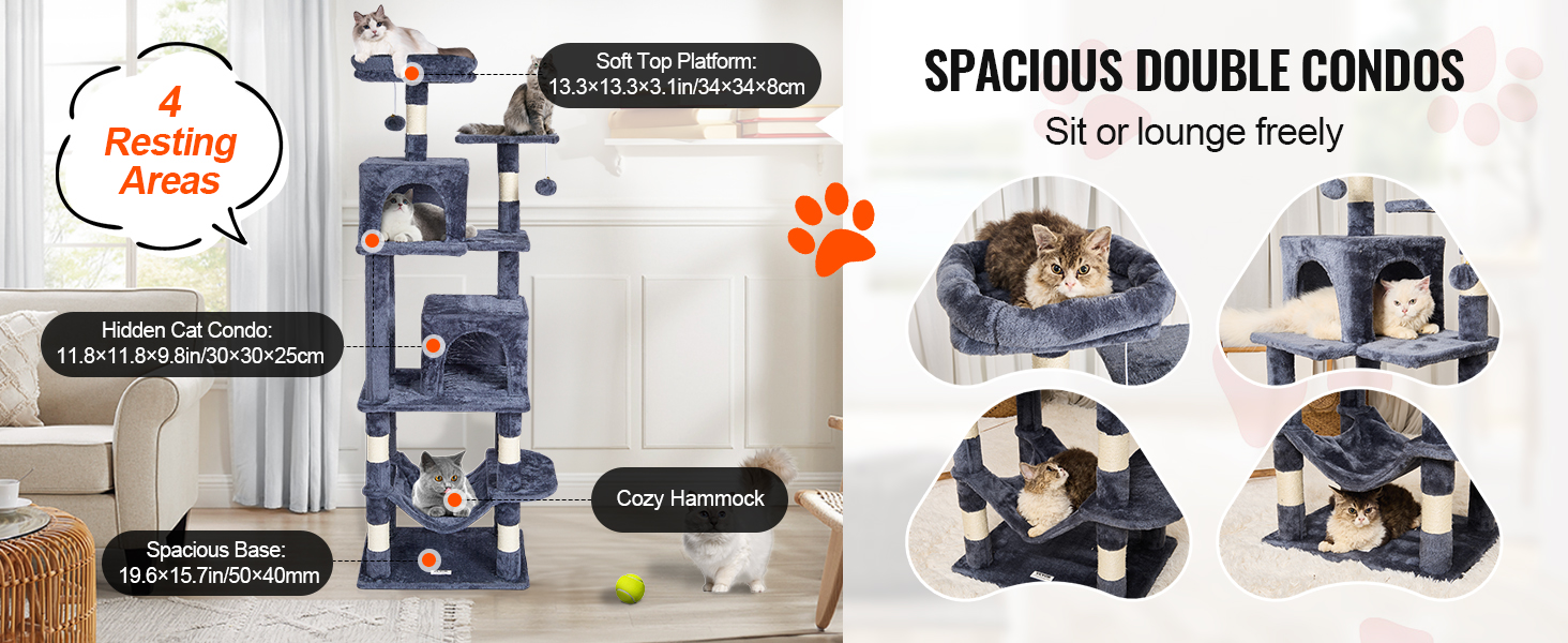 VEVOR Cat Tree for Indoor Cats, 63" Cat Tower with 2 Cat Condos, Sisal ...