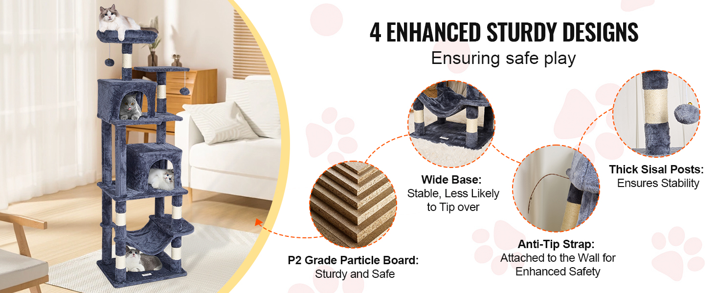 VEVOR Cat Tree for Indoor Cats, 63" Cat Tower with 2 Cat Condos, Sisal ...