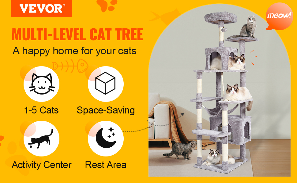 VEVOR Cat Tree 72" Cat Tower with 2 Cat Condos Sisal Scratching Post ...